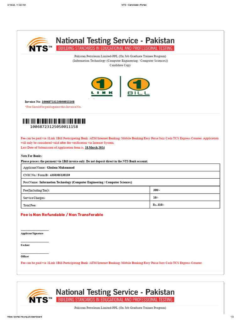 NTS - Candidate (Portal) | PDF | Fee | Automated Teller Machine