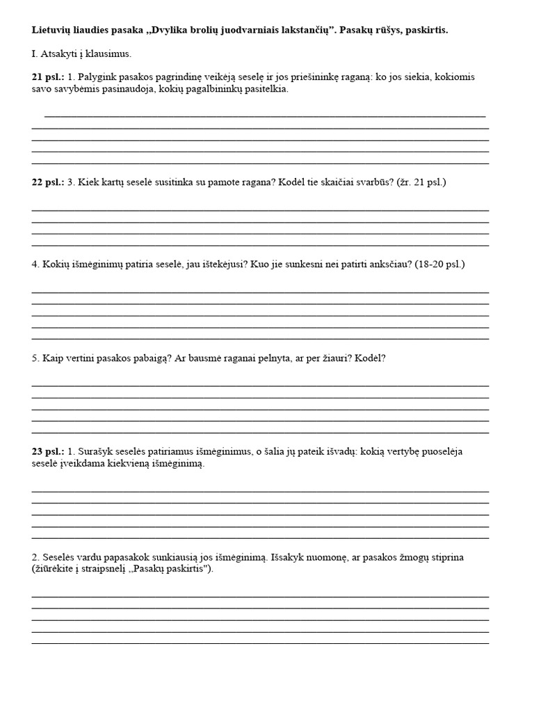 Dvylika Brolių - Apibendr. Pamoka | PDF