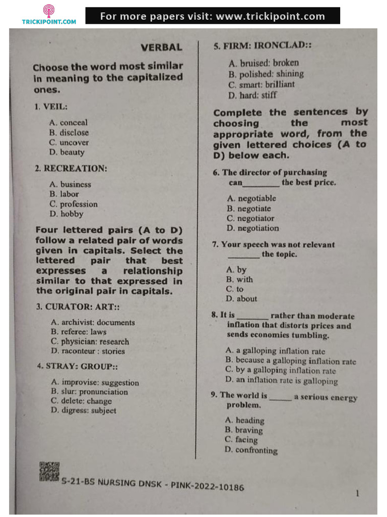 BSN Nursing Entry Test Paper 2022 Nts | PDF | History