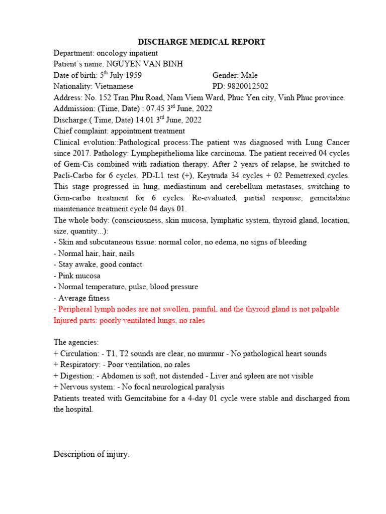 Lung Cancer Discharge Summary Report | PDF