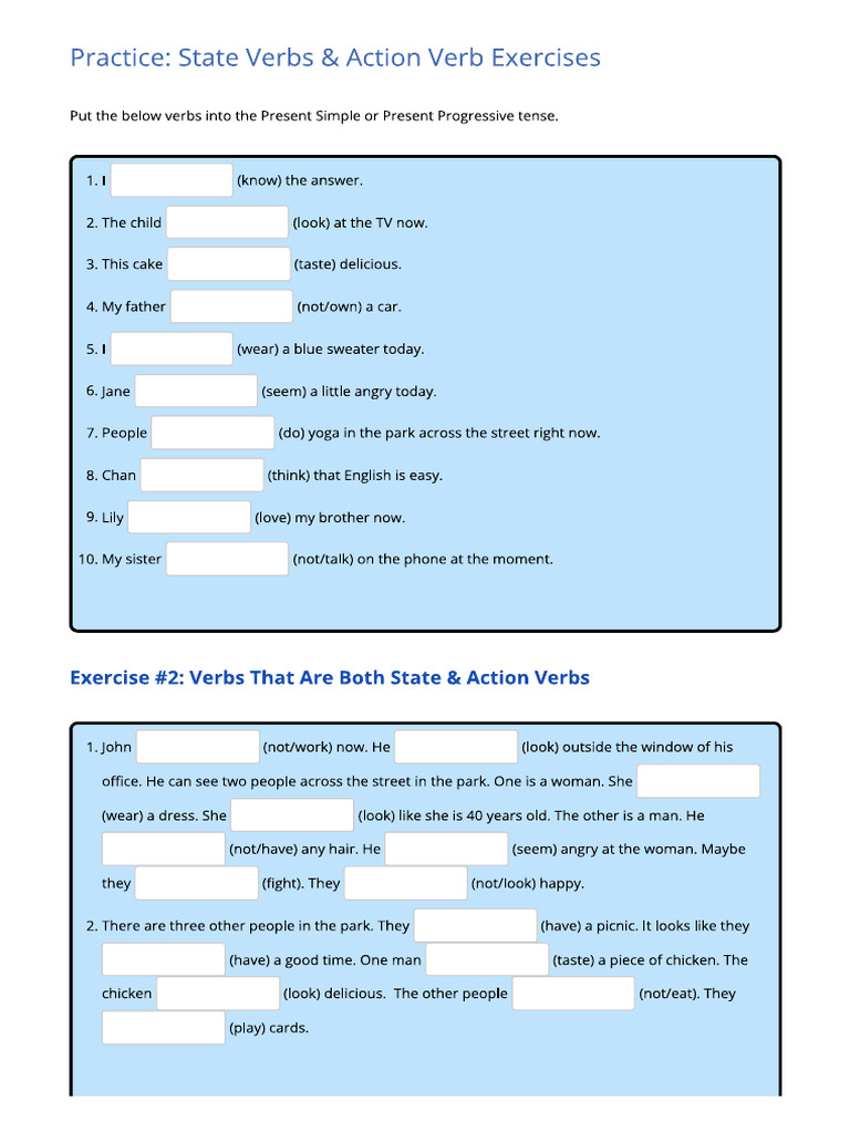 Practice State Verbs & Action Verb Exercises | PDF