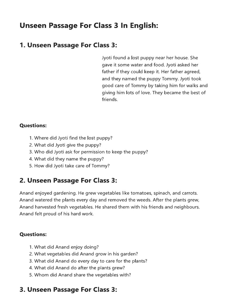Unseen Passage For Class 3 in English | PDF