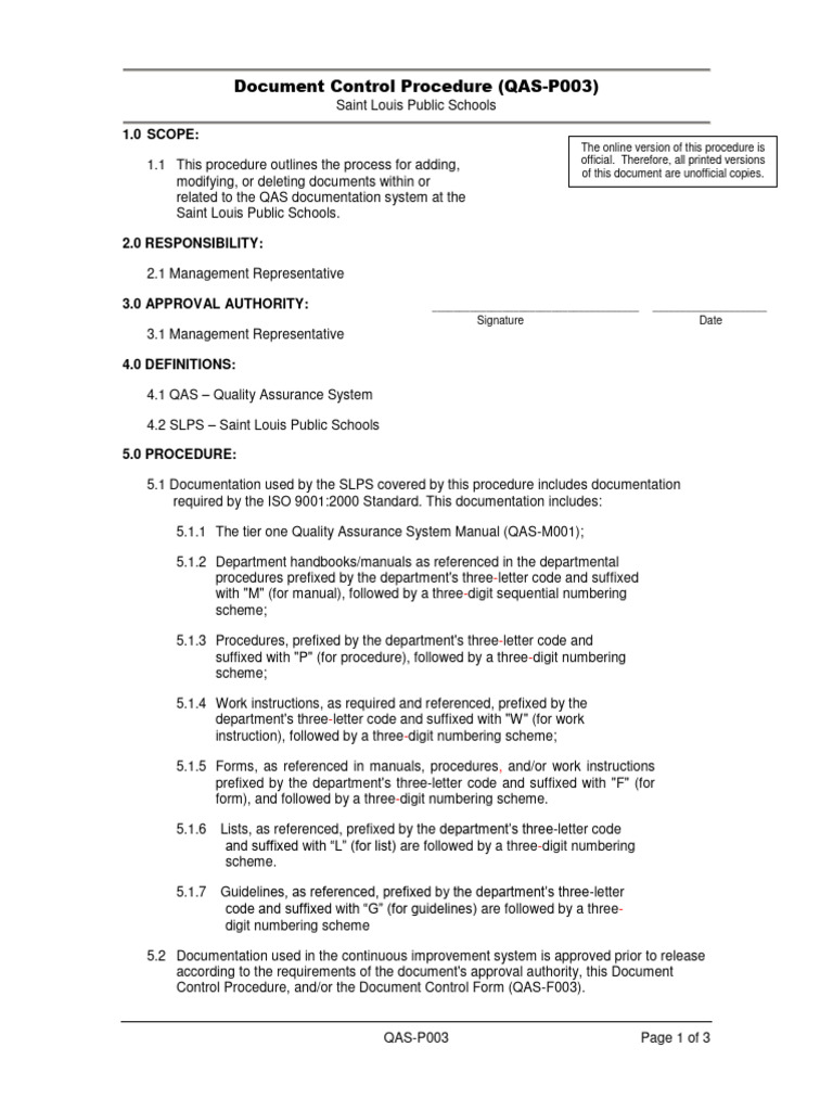 QAS P003 Document Control Procedure | Download Free PDF | Quality Management System | Quality ...