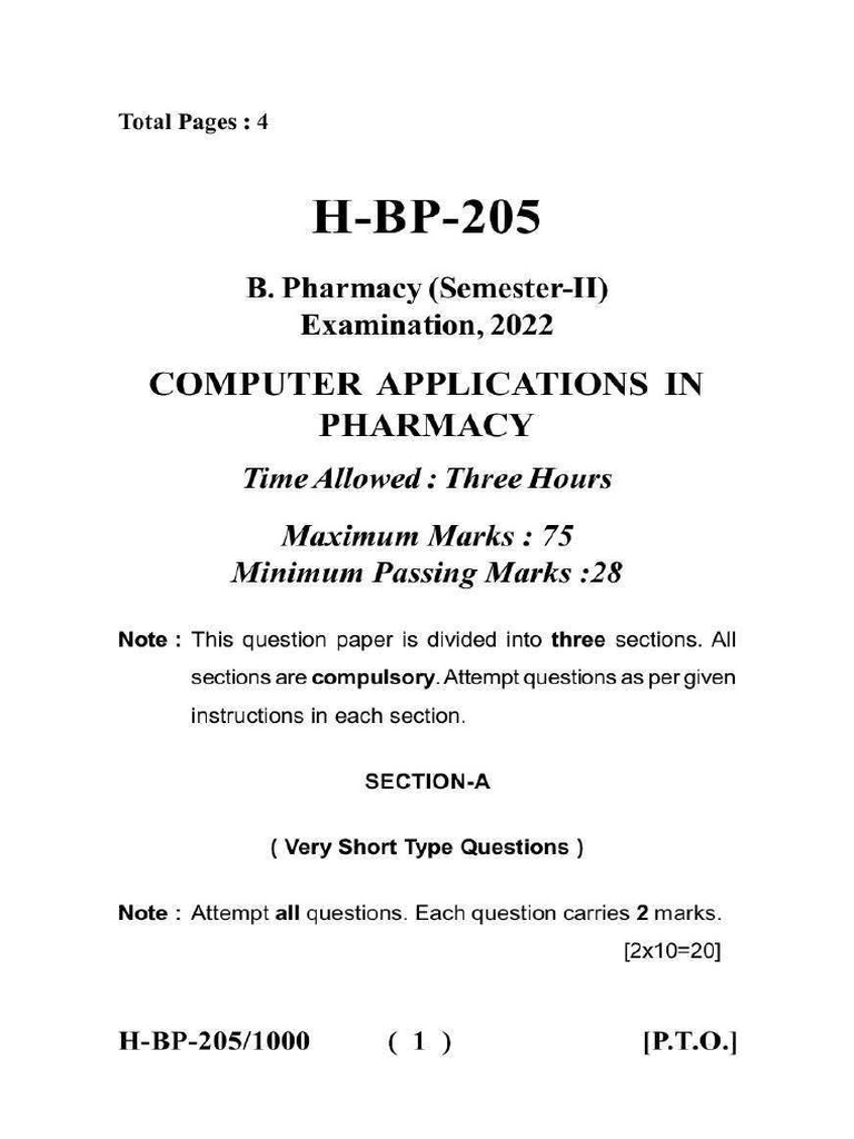 Computer Applications in Pharmacy Question Paper | PDF