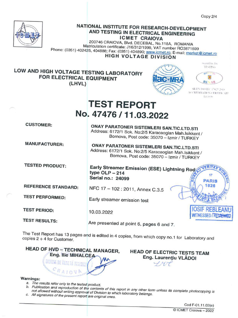 Early Streamer Emission Type Test Report From ILAC Approved ICMET Lab ...