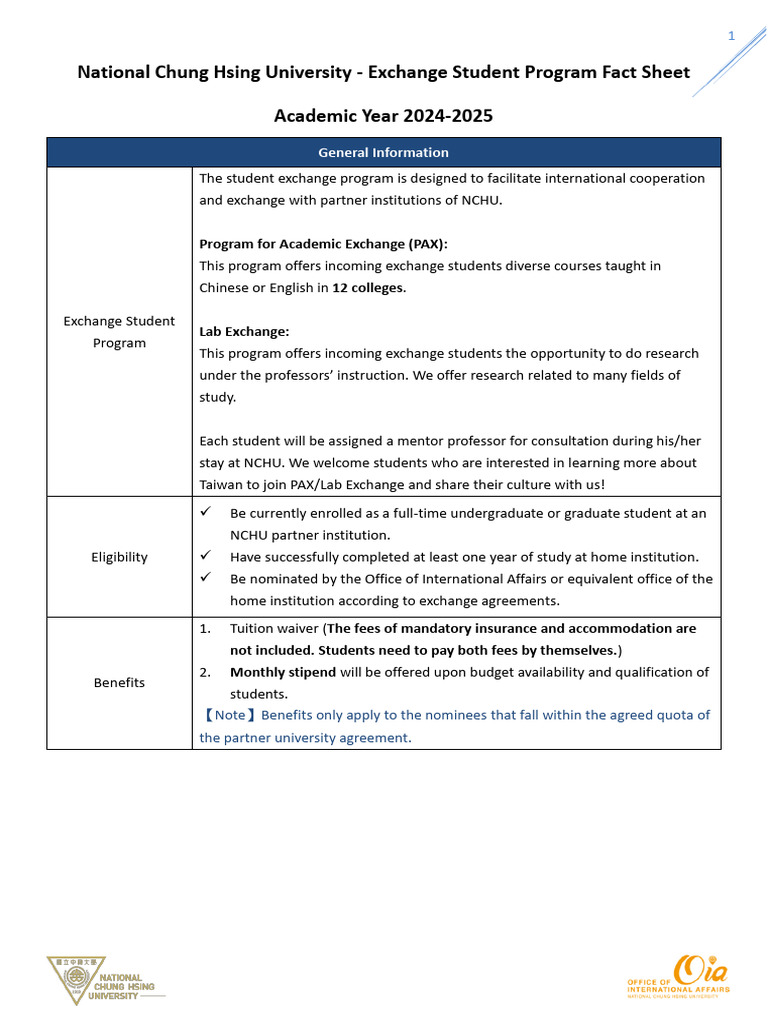 NCHU Exchange Student Program 2024-2025 | PDF | Career & Growth