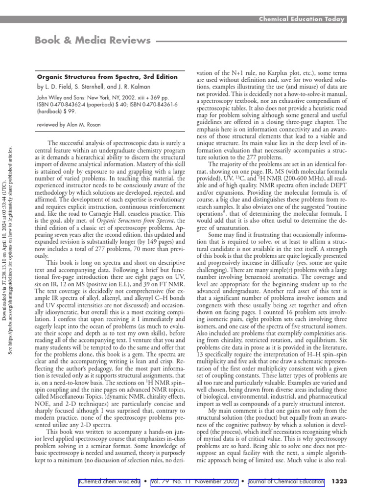 Rosan 2002 Organic Structures From Spectra 3rd Edition (Field L D ...