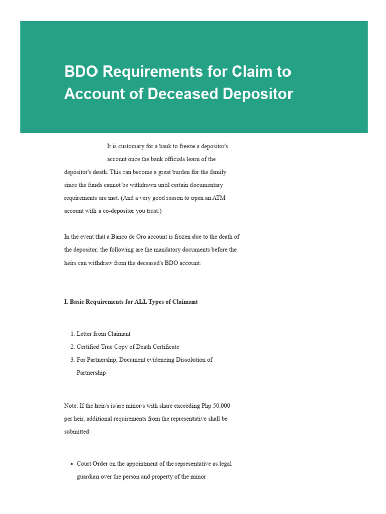 BDO Requirements For Claim To Account of Deceased Depositor | PDF