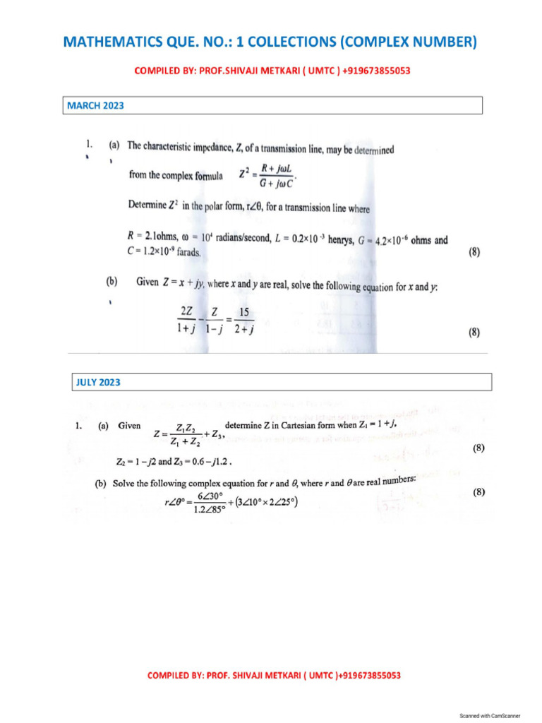 1.mathematics Complex Number Question Bank 2023 | PDF