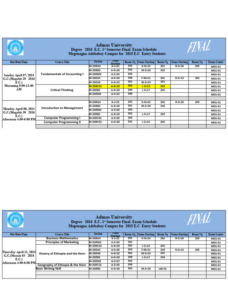 Final Revised Exam Schedule For 2015 Entry Pdf Mathematics Science