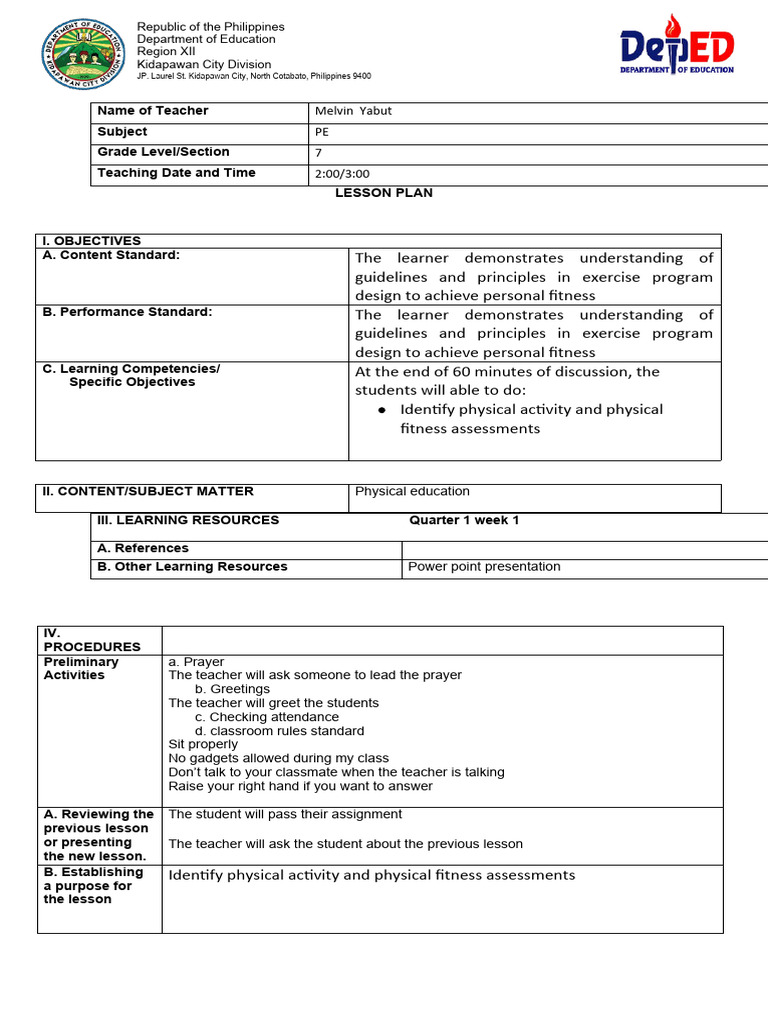 PE Lesson Plan for Grade 7 Fitness | PDF | Lesson Plan | Physical Fitness