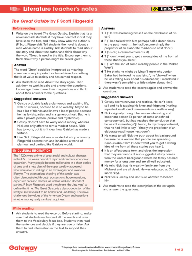 B2 UNITS 5 and 6 Literature Teacher's Notes | PDF | The Great Gatsby ...