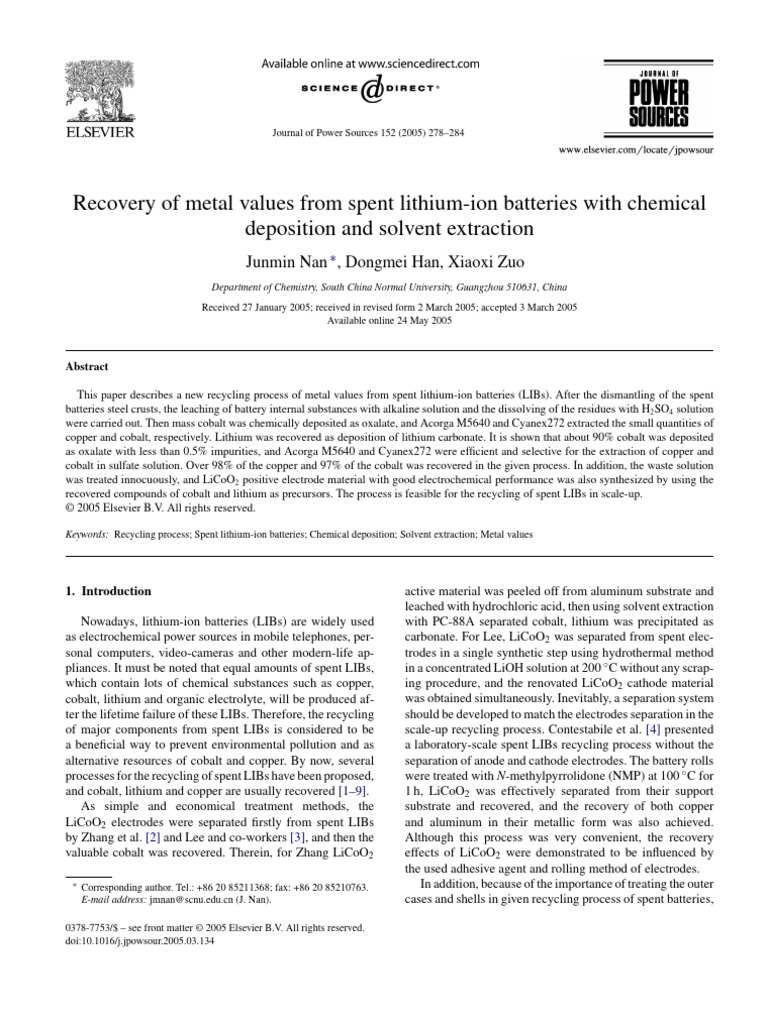 Recovery of Metal Values From Spent Lithium-Ion Batteries With Chemical ...