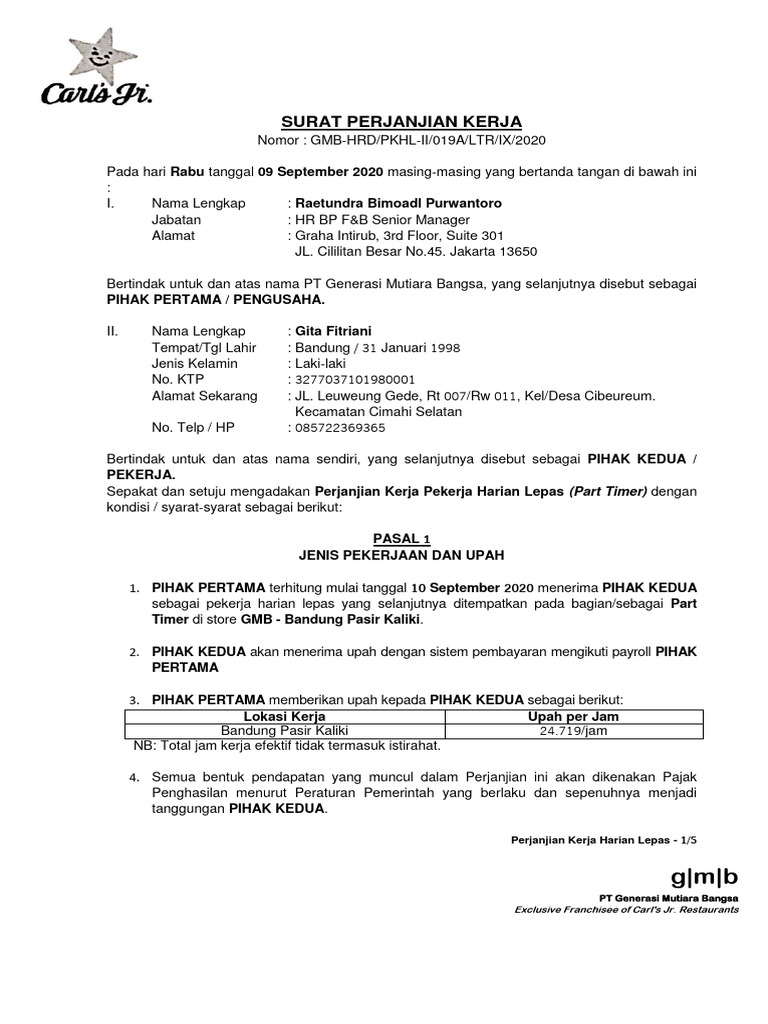 Perjanjian Kerja Part Timer GMB 2020 | PDF