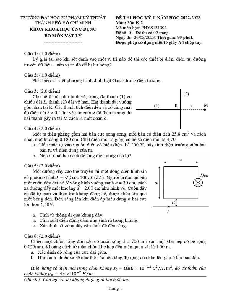 Vật lý 2 - PHYS131002 - HKII-2022-2023 - Đại trà - final | PDF