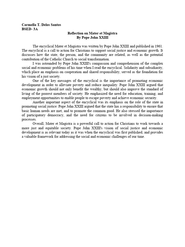 DELOS SANTOS, CARMELLA - Reflection Paper in Social Encyclicals | PDF