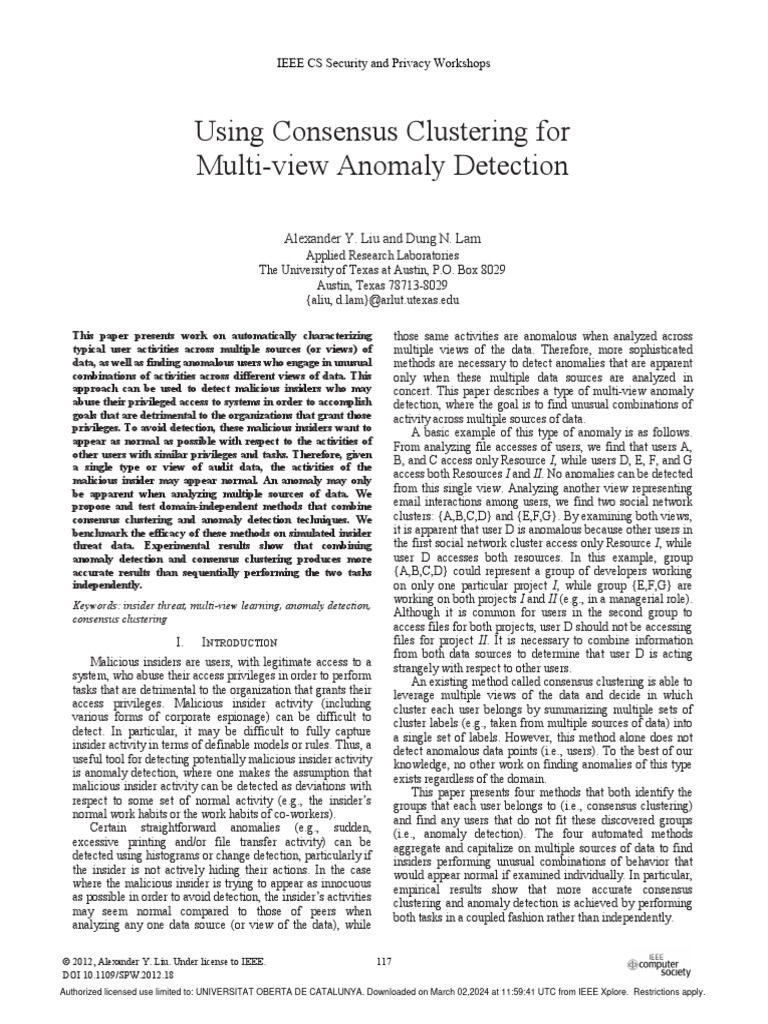 Using Consensus Clustering For Multi-View Anomaly Detection | PDF ...