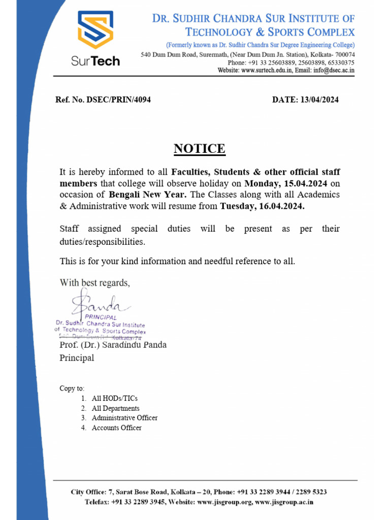 Notice - Bengali New Year 13.04.2024 | PDF | Career & Growth | Finance ...