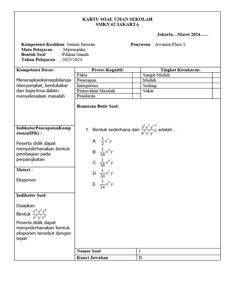 Kartu Soal Matematika US 2023-2024 | PDF