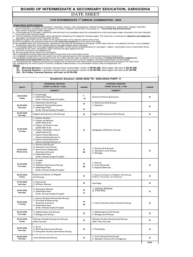 Final-Date Sheet Inter 1st-A-2024 | PDF | Urdu | Pakistan Final-Date Sheet Inter 1st-A-2024 | PDF | Urdu | Pakistan