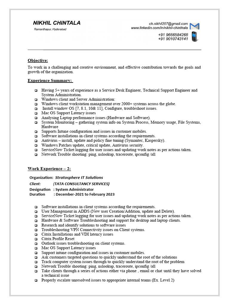 Nikhil Chintala - Desktop Support Analyst - Frontline | PDF | Microsoft Windows | Computer Network