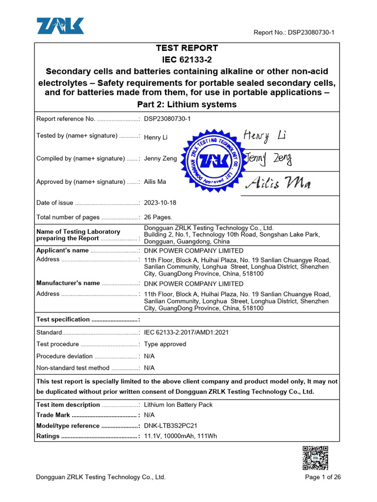 IEC 62133-2 Test Report for Lithium Battery | PDF | Battery Charger ...