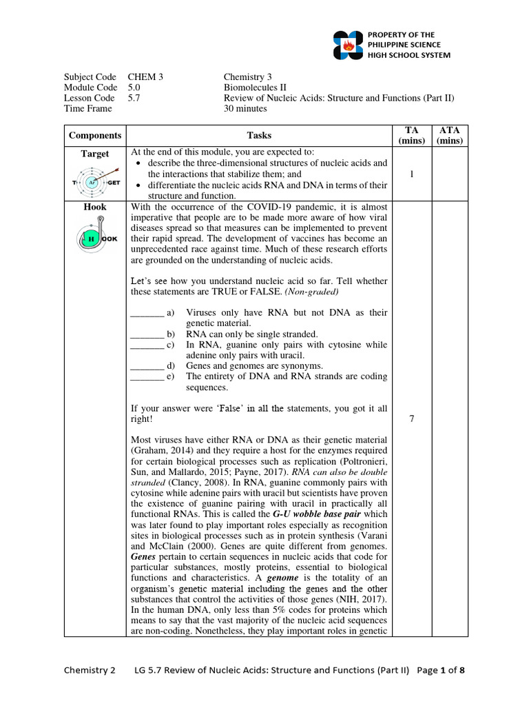 SLG Chem 3 LG 5.7 Review of Nucleic Acids Structure and Functions (Part II) | PDF | Rna | Dna