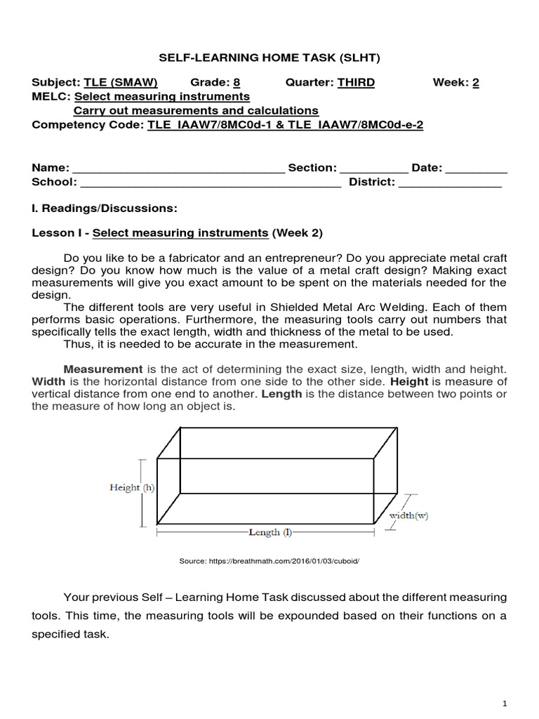 SLHT-SMAW 7-8.week 2 | Download Free PDF | Length | Rectangle