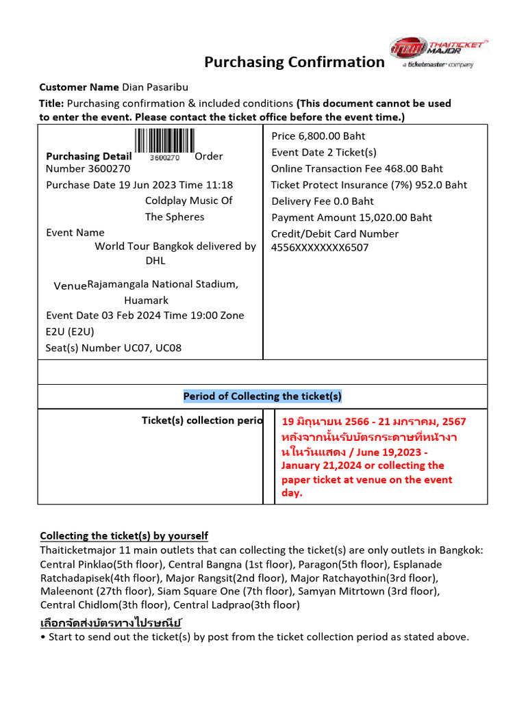 Coldplay Bangkok Ticket Purchase Confirmation | PDF | Credit Card | Receipt