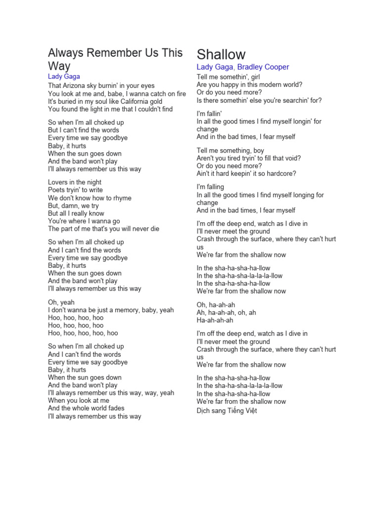 Lady Gaga's "Always Remember Us" Lyrics | PDF | Poetry