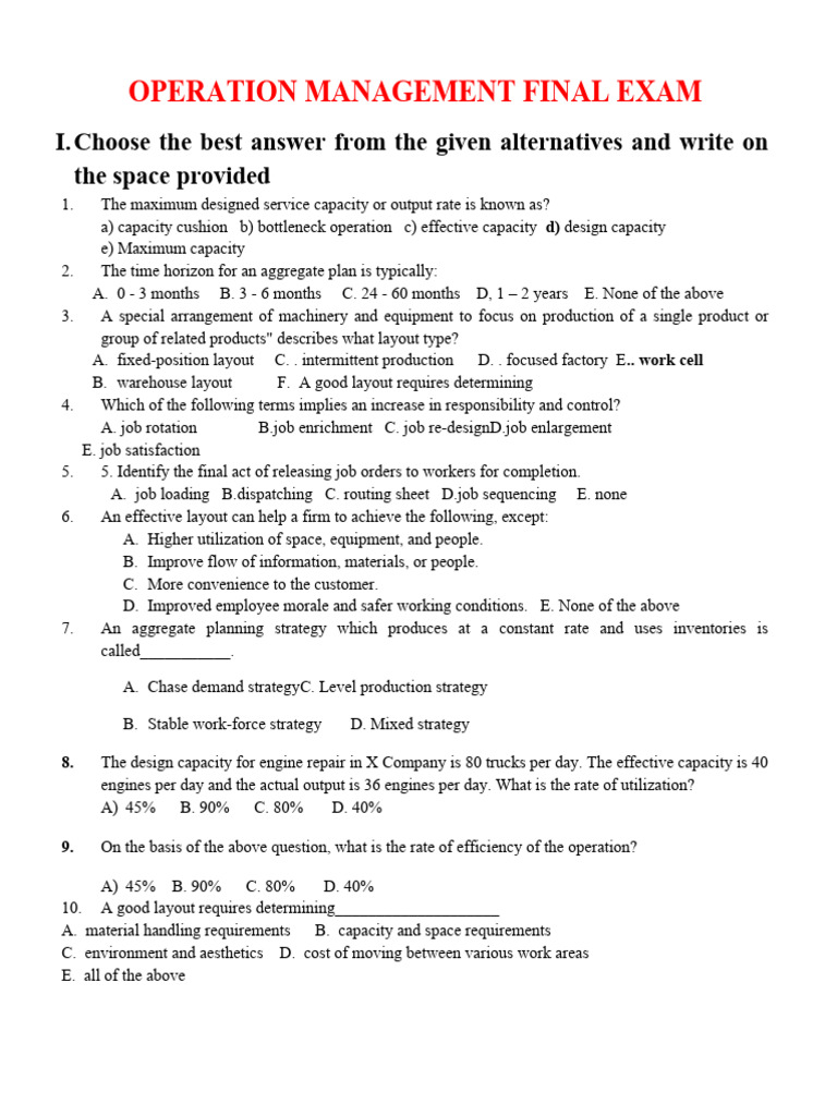 OM Final Exam Remedal23 | PDF | Strategic Management | Operations ...