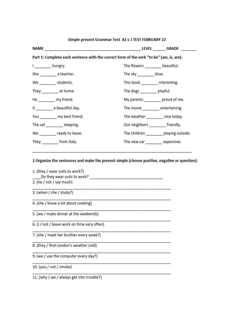 Simple Present Grammar Test A1 | PDF | Teaching Methods & Materials