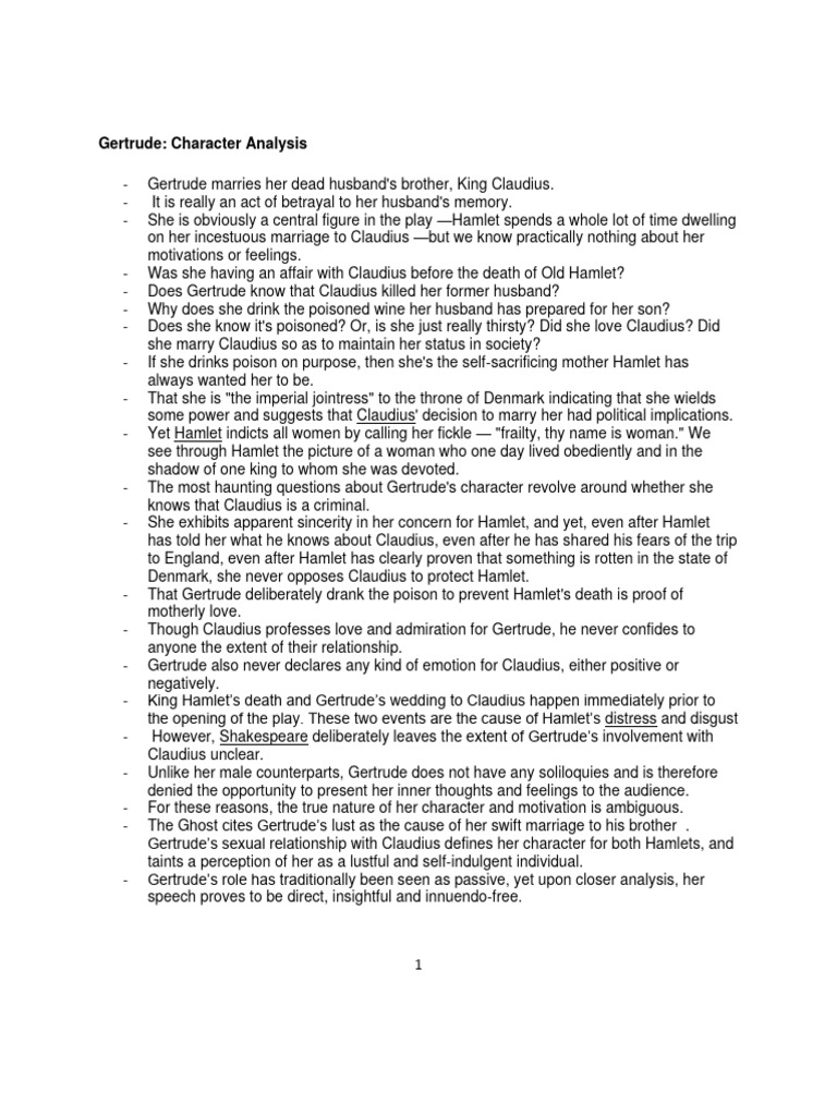 Gertrude Character Analysis | PDF | Hamlet
