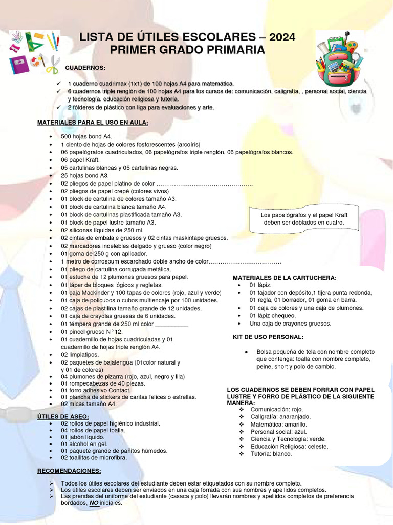 Lista de Útiles Primer Grado | Descargar gratis PDF | Papelería ...