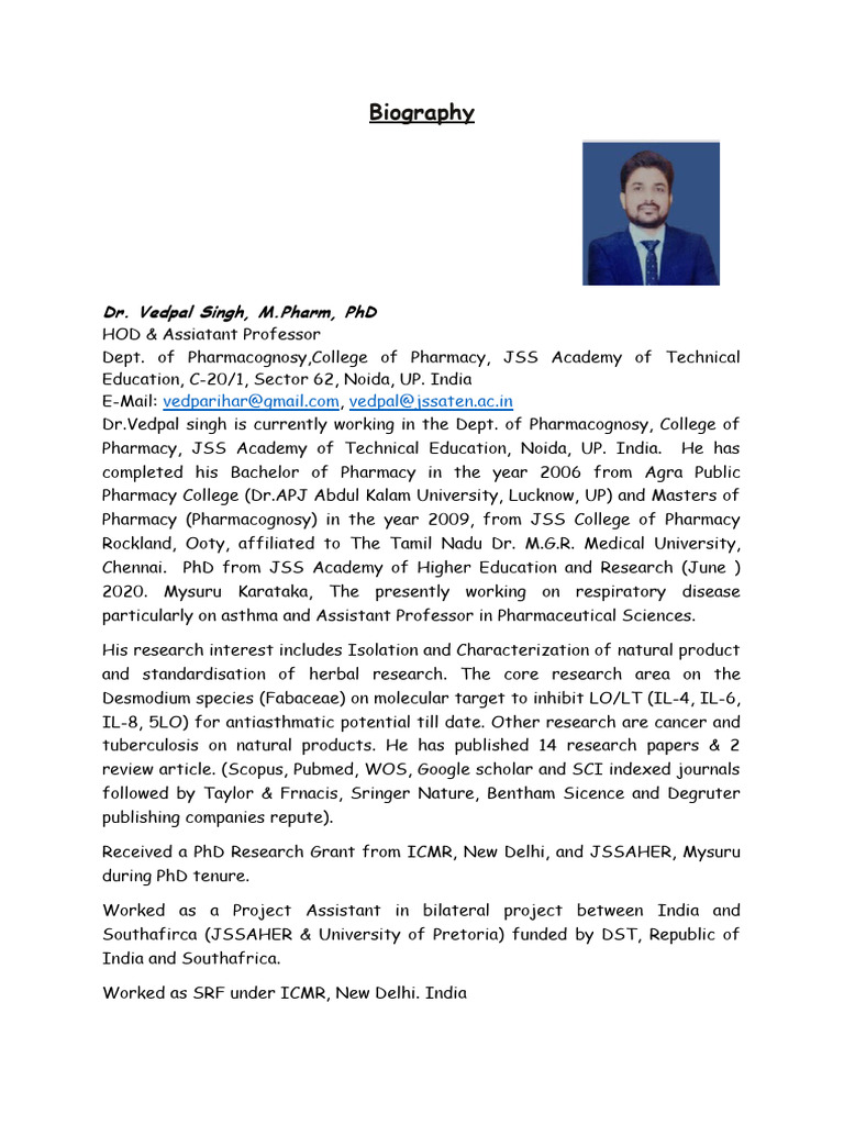 Biography of DR - Vedpal Singh | PDF