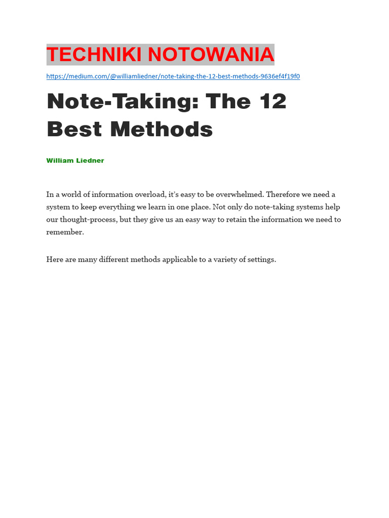 Wykład_5__12_BEST TAKING NOTES METHODS_ | PDF | Cognition