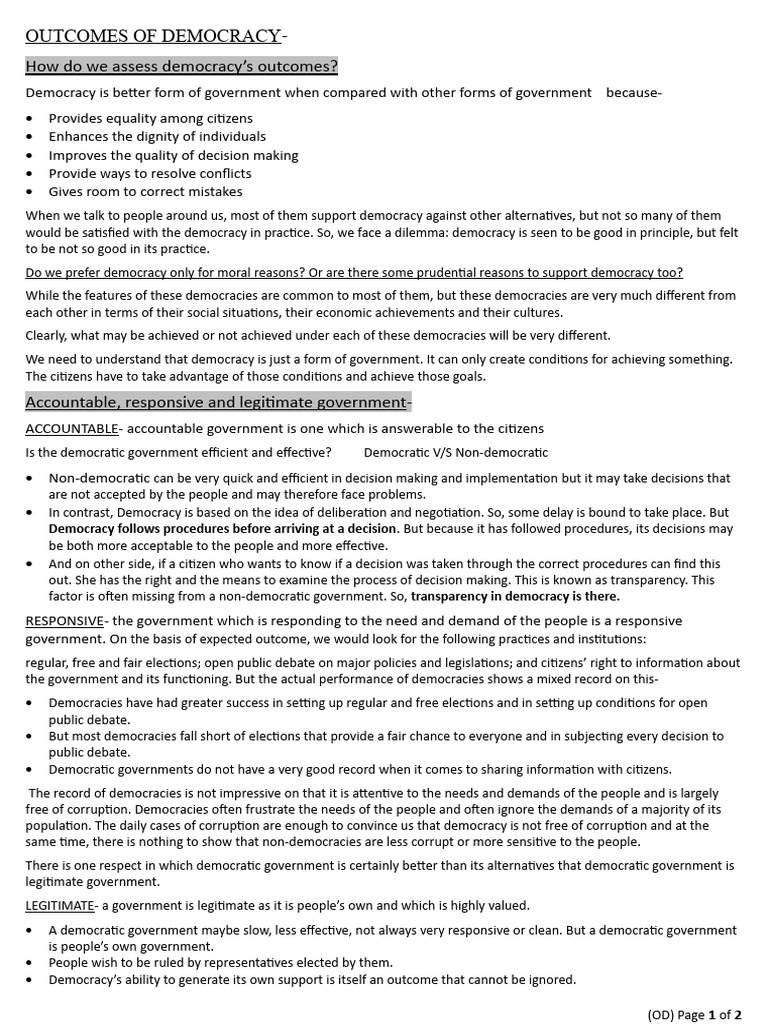 Outcomes of Democracy | PDF | Democracy | Political Ideologies