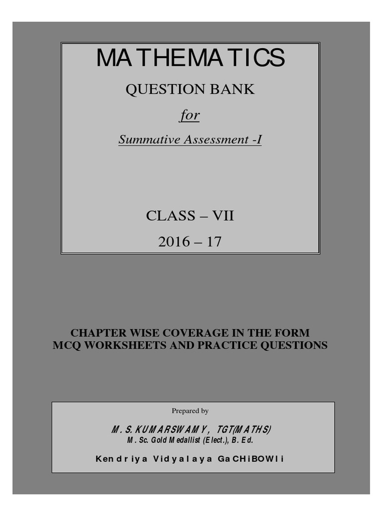 Maths Class Vii Question Bank For Sa I 2016 17 | PDF | Numbers | Integer