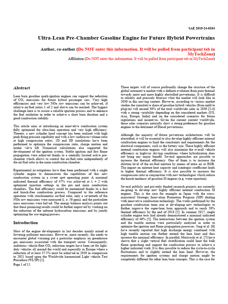 Ultra-Lean Pre-Chamber Gasoline Engine for Future Hybrid Powertrains ...
