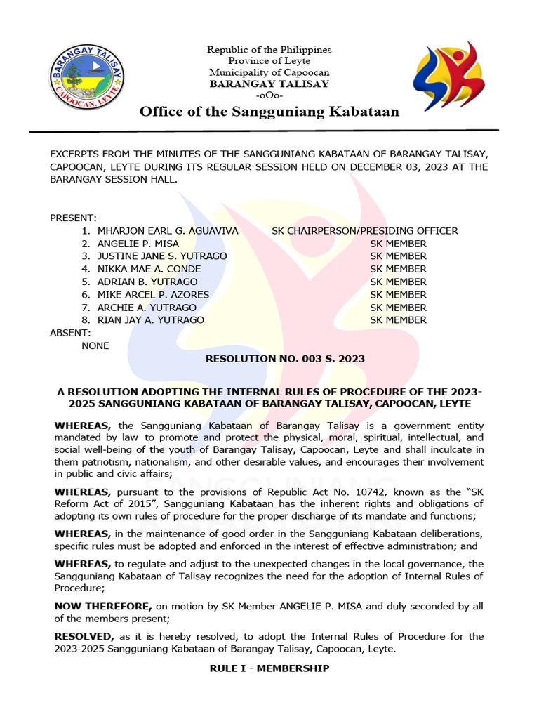Reso No. 003-2023 - Internal Rules of Procedure | PDF | Quorum | Committee