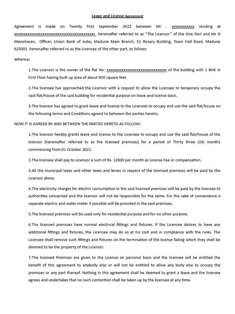 Leave and License Agreement | PDF | License | Landlord