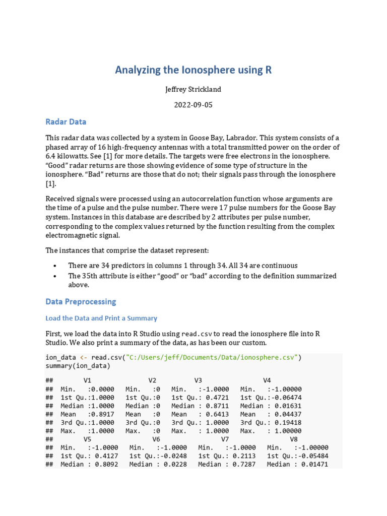 Analyzing The Ionosphere Using R | PDF | Errors And Residuals | Logistic Regression