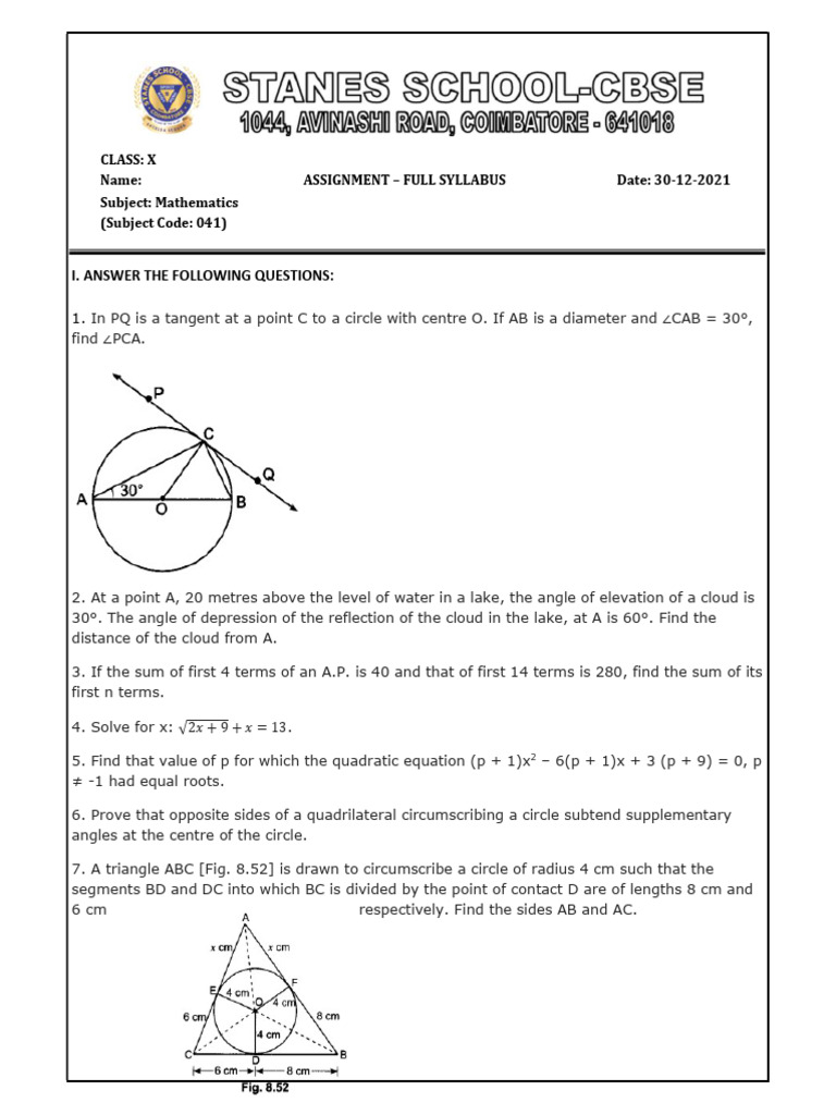 Mathematics Assignment - Full Syllabus | PDF