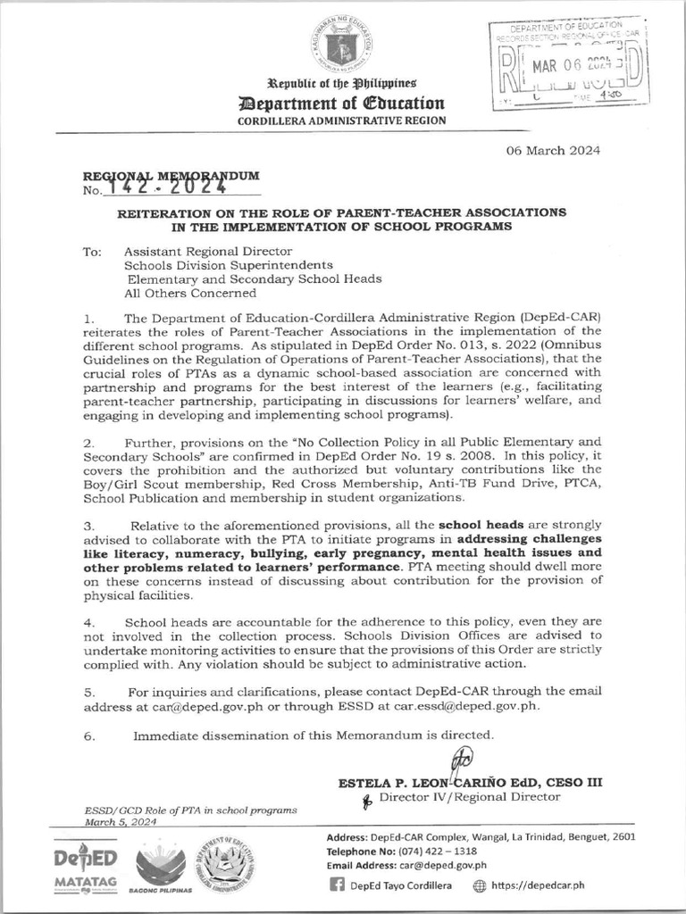 RM No. 142 S. 2024-Role-of-PTA | PDF