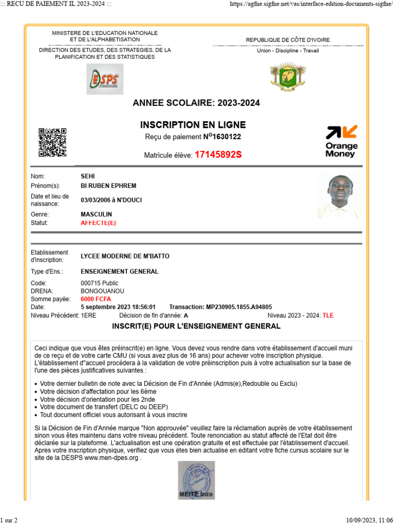 Recu de Paiement Il 2023-2024 Ephrem | PDF