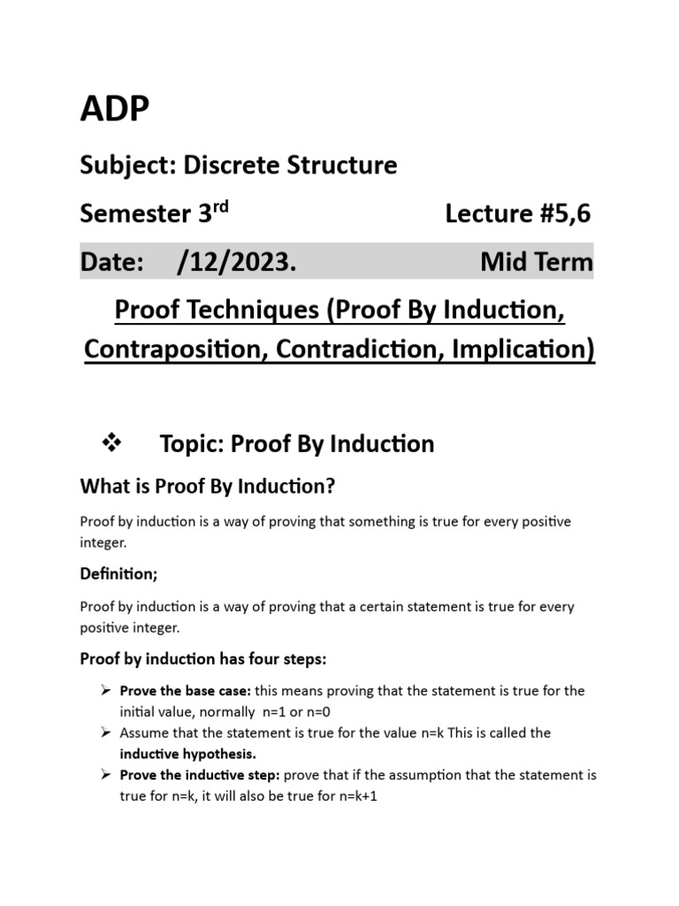 Discrete Structure Proof Techniques (Proof by Induction, Contraposition ... Discrete Structure Proof Techniques (Proof by Induction, Contraposition ...