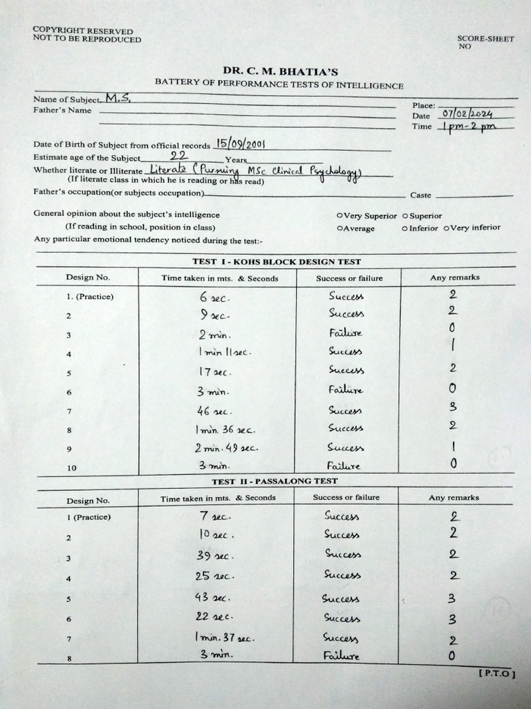 Bhatia score sheet | PDF