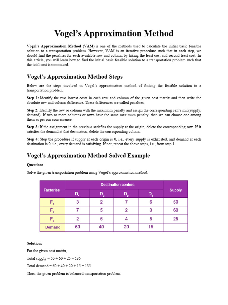 Vogel Approximation Method (VAM) | PDF | Matrix (Mathematics ... Vogel Approximation Method (VAM) | PDF | Matrix (Mathematics ...