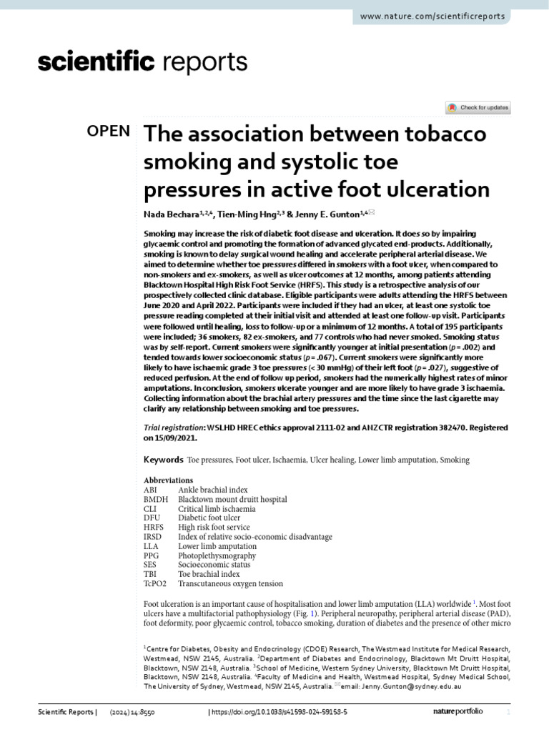 Smoking Impact on Toe Pressures in Ulcers | PDF | Toe | Blood Pressure