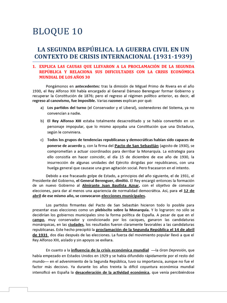 Bloque 10. La Segunda Repc39ablica y La Guerra Civil 1931 1939 2 | PDF | guerra civil Española ...